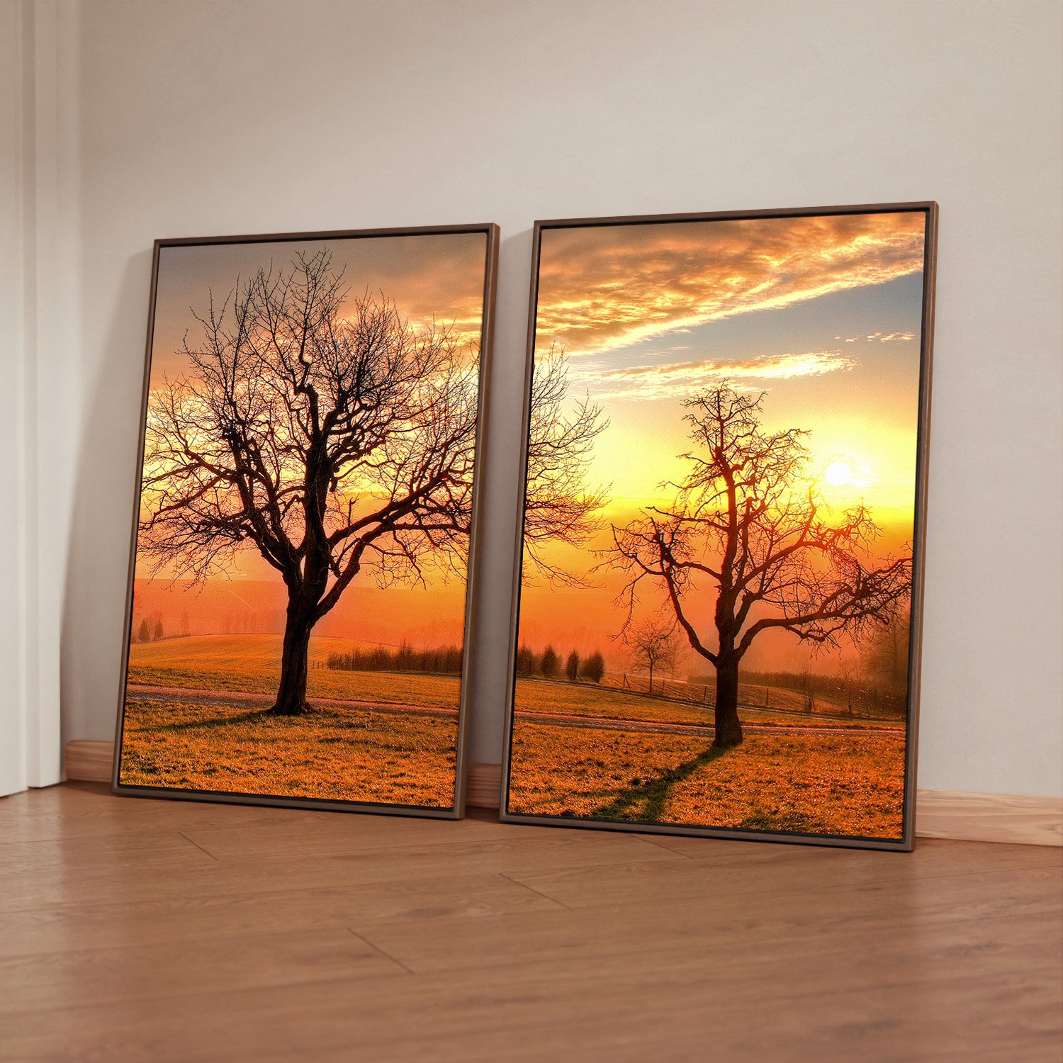Quadro Decorativo 2 Telas Paisagem Árvores ao Pôr do Sol