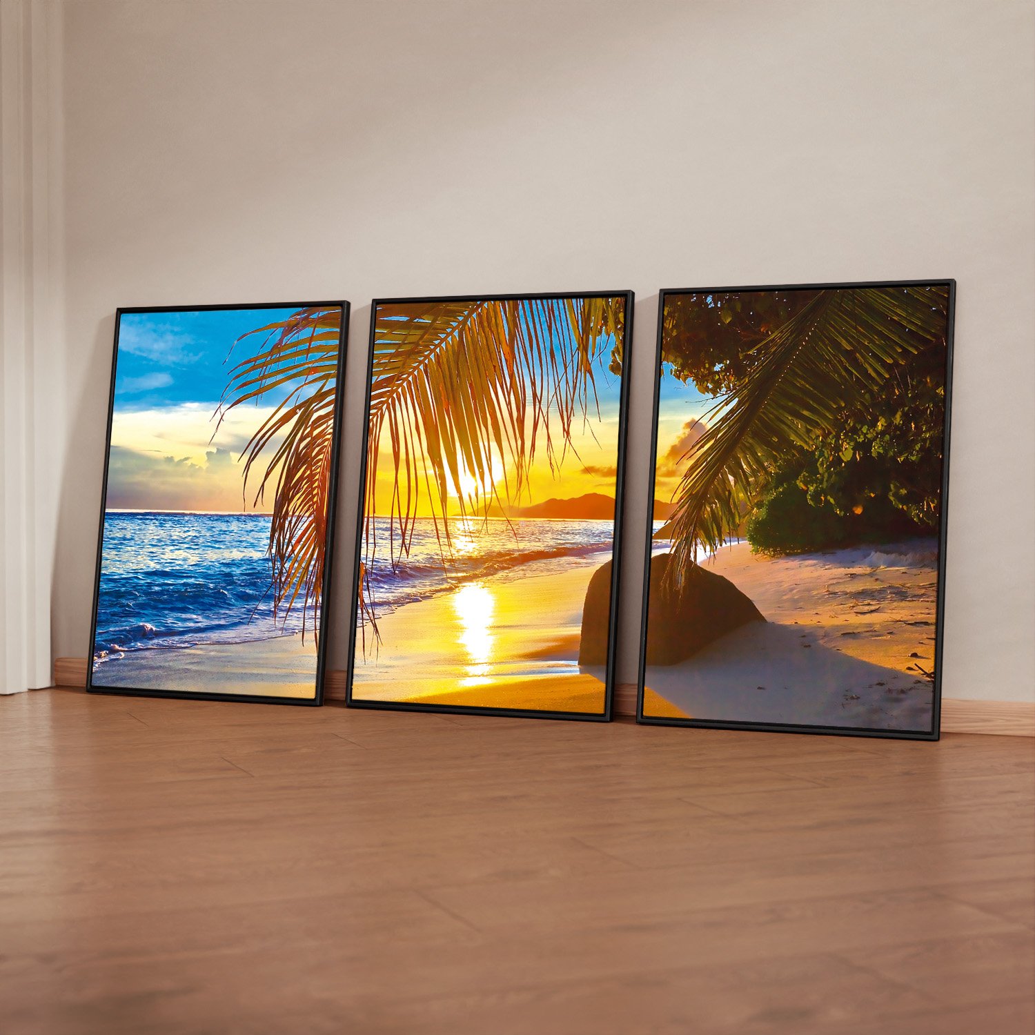 Quadro Decorativo 3 Telas Natureza Pôr do Sol na Praia